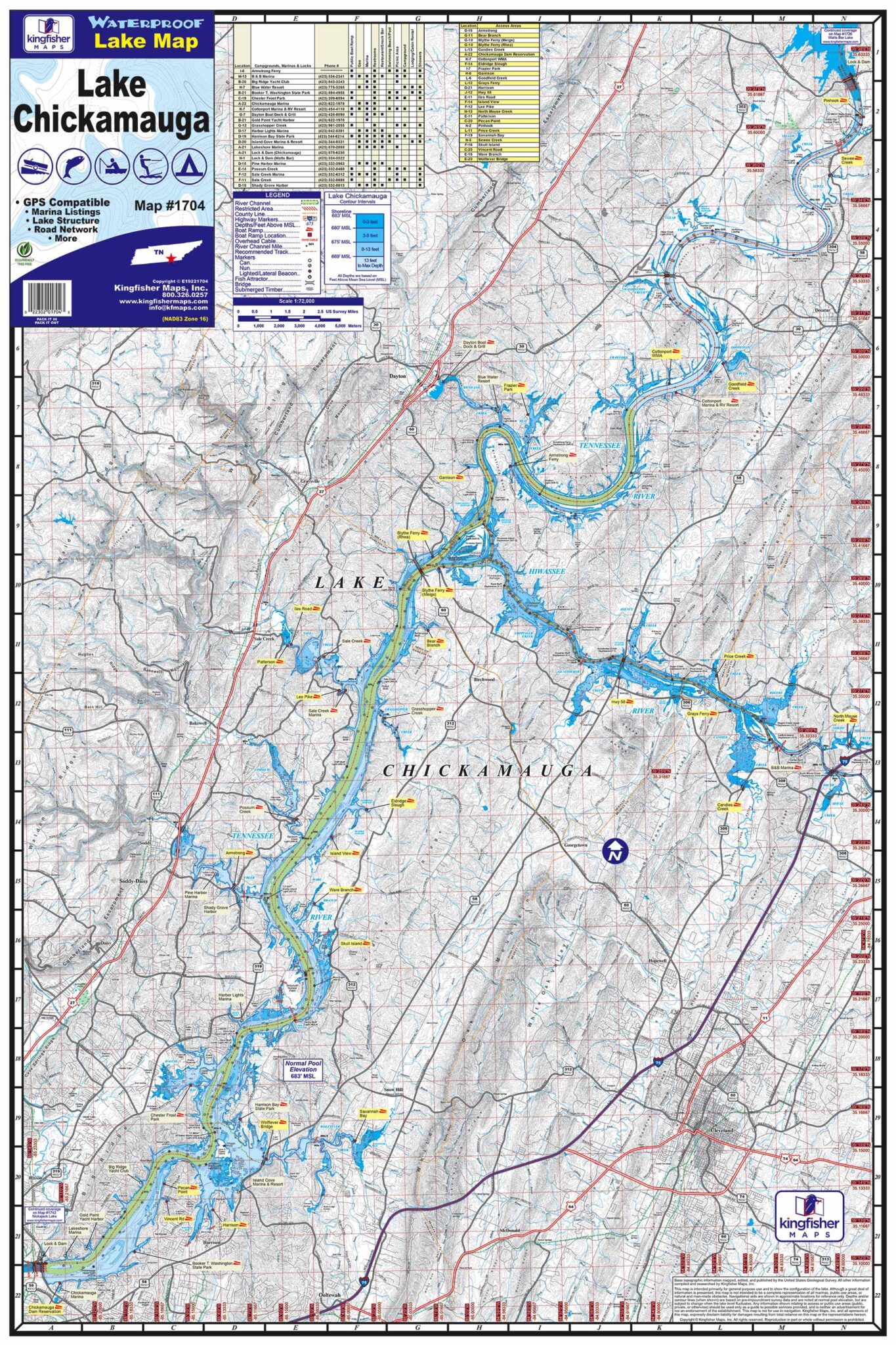 Lake Chickamauga Waterproof Map #1704 – Kingfisher Maps, Inc.
