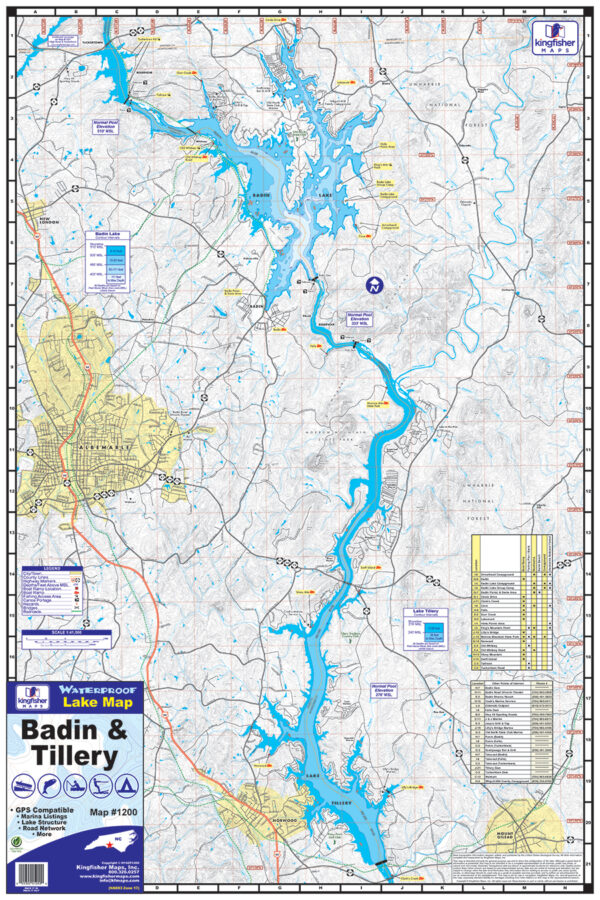 Badin & Tillery Lakes Waterproof Map #1200 – Kingfisher Maps, Inc.